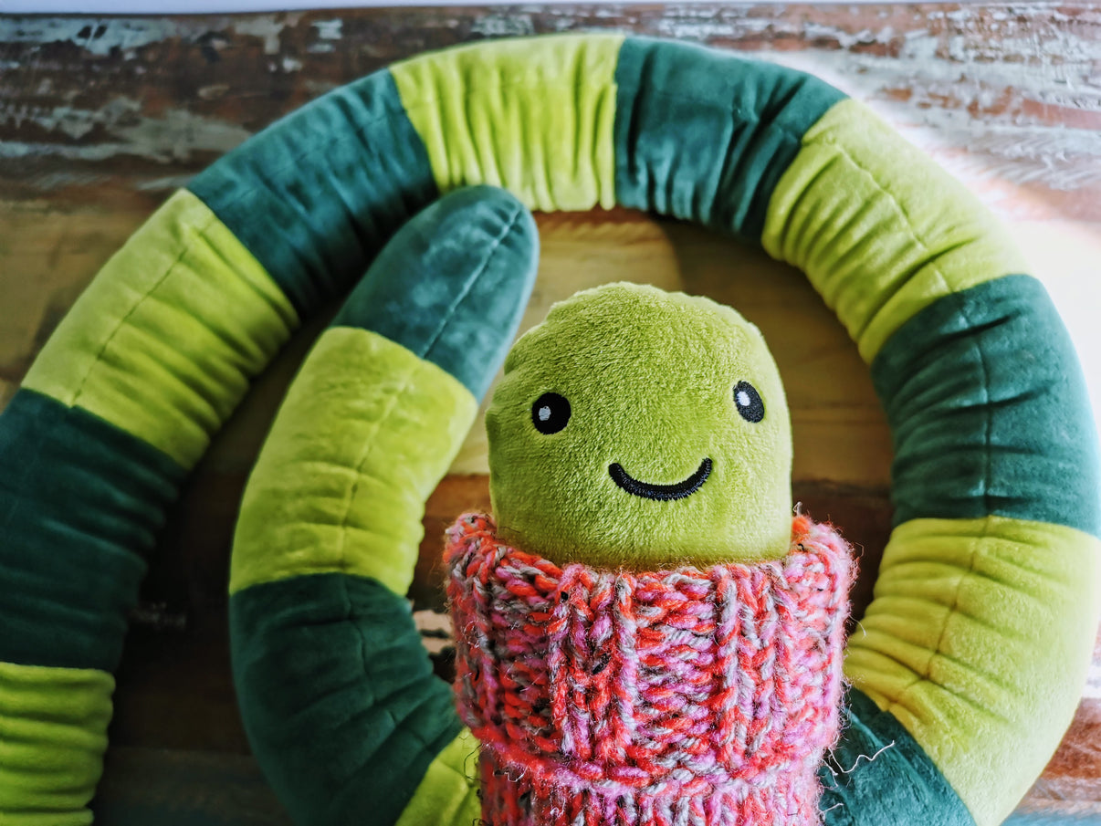 Giant Green EarthWorm Plush with pink knitted turtleneck, funny fantas ...