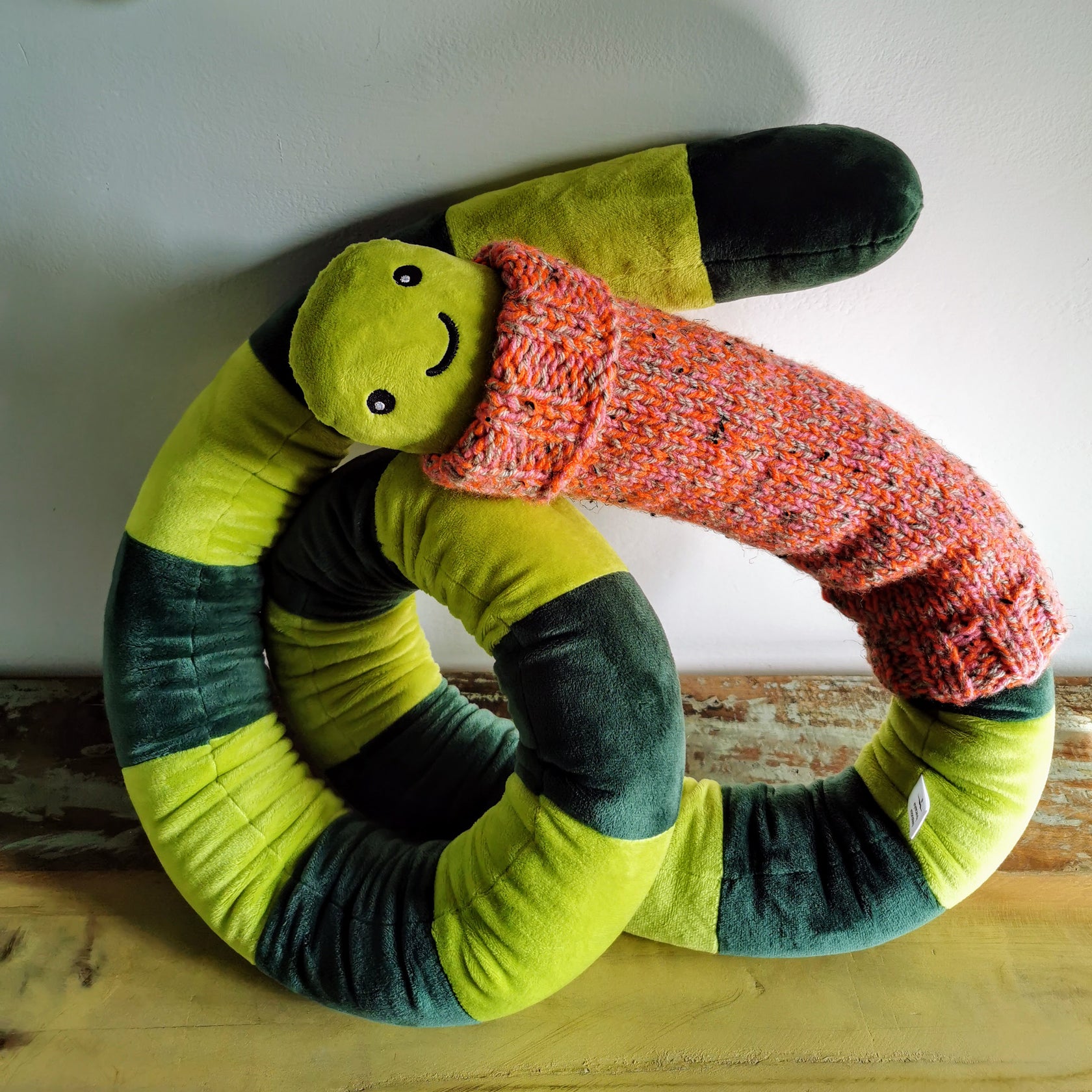 Giant Green EarthWorm Plush with pink knitted turtleneck, funny fantas ...