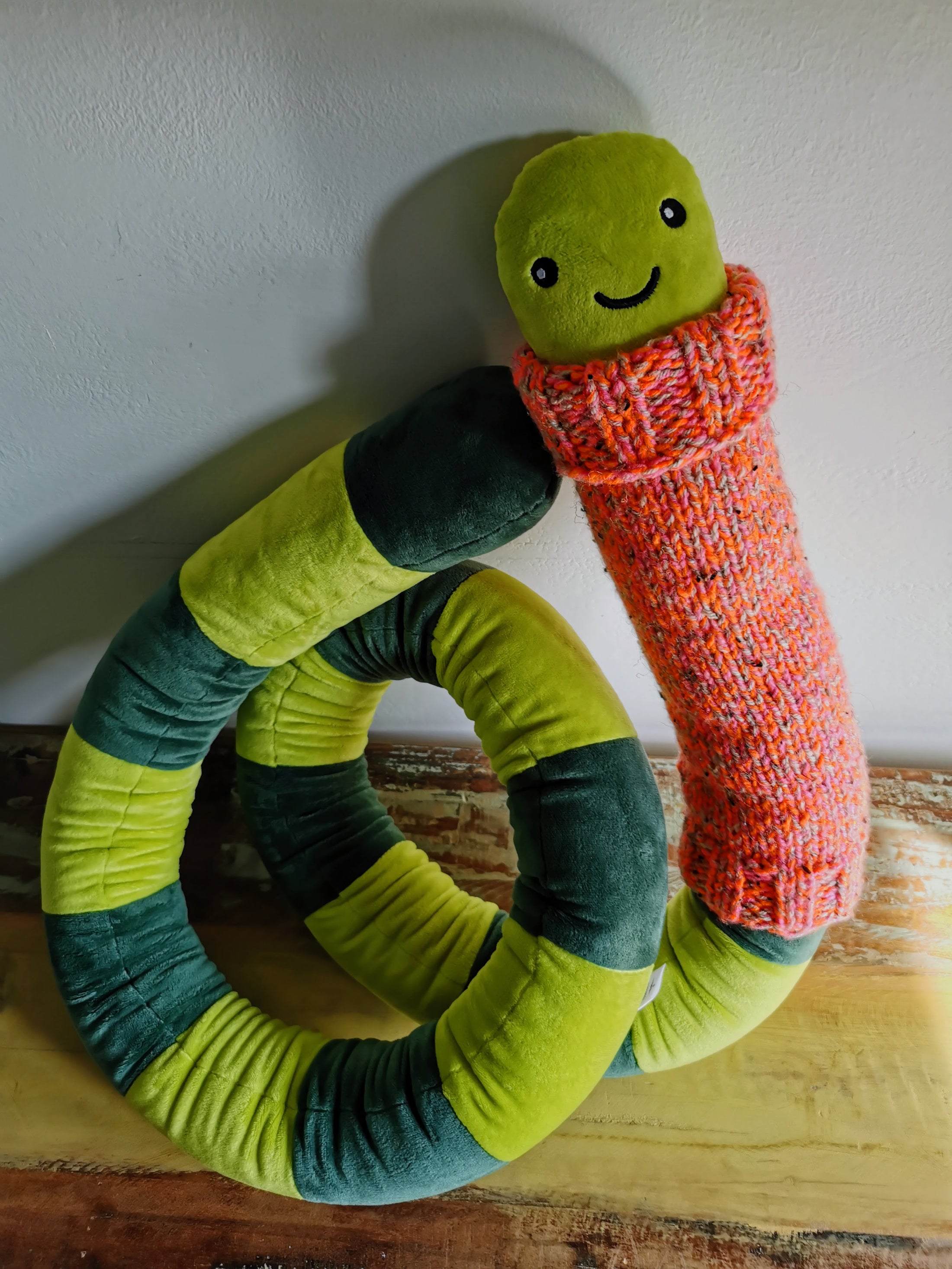 Giant Green EarthWorm Plush with pink knitted turtleneck, funny fantas ...